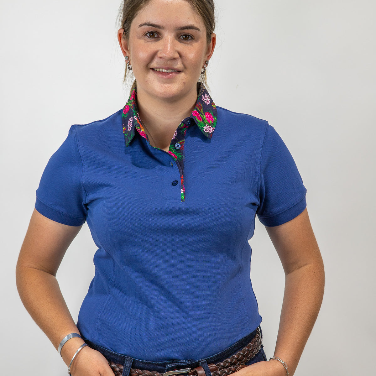 Bree - Blue with floral trim Polo Shirt – Grovers Country Clothing