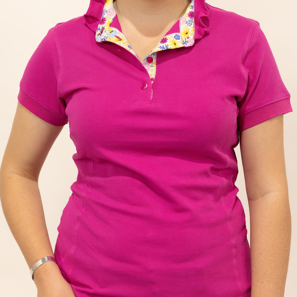 Pia - Pink Ruffle Polo Shirt with floral trim – Grovers Country Clothing