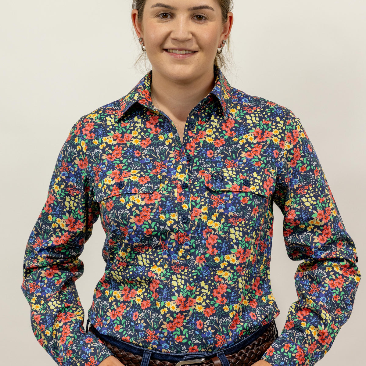 Judith - 1/2 Button Front Long Sleeve Cotton Collared Shirt – Grovers ...