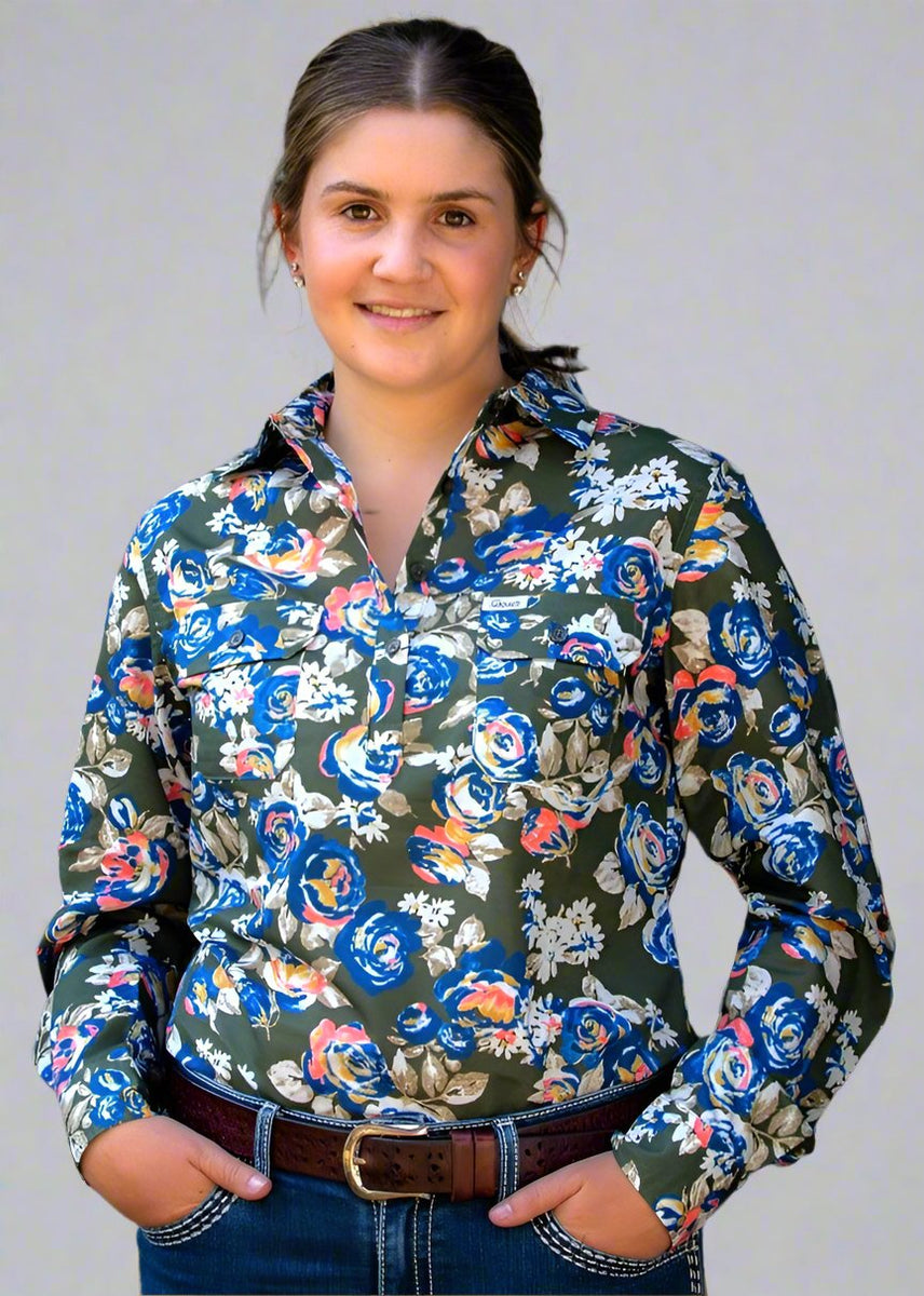 Gertie - 1/2 Button Front Long Sleeve Cotton Collared Shirt – Grovers ...